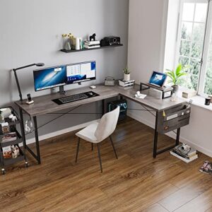 ODK L Shaped Desk, 66" Computer Corner Desk, Gaming Desk, Home Office Writing Desk with Monitor Shelf, Space-Saving Workstation Desk, Modern Simple Wooden Desk, Easy to Assemble, Gray Oak