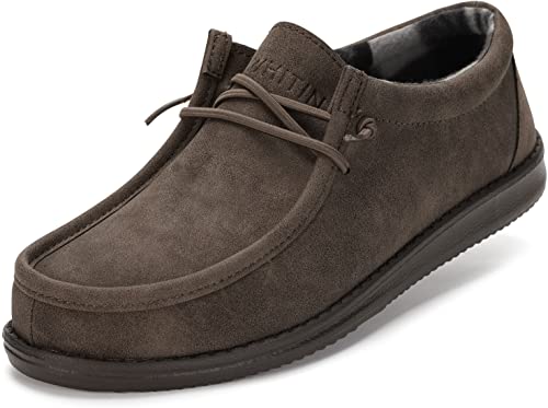 WHITIN Men's Slip on Loafers Suede Recycled Leather Boat Shoes Casual Deck Sneakers Size 13 Lightweight Winter Warm MOC Toe Walking Dark Brown 47