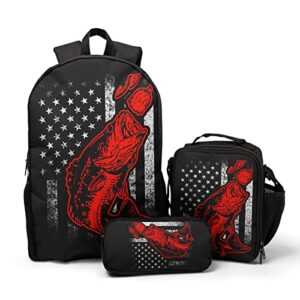 bass fishing lure teens school backpack set american flag canvas girls boys school bags travel bookbags 3 in 1