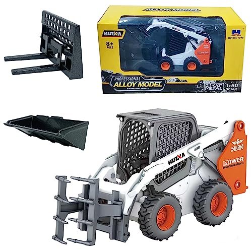 Gemini & Genius Construction Truck 3 in 1 Skid Steer Loader with Metal Forklift and Grab Shovel Construction Vehicle 1/50 Scale Alloy Wheeled Loader Toys for Kids (Wheel/White)