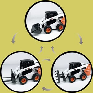 Gemini & Genius Construction Truck 3 in 1 Skid Steer Loader with Metal Forklift and Grab Shovel Construction Vehicle 1/50 Scale Alloy Wheeled Loader Toys for Kids (Wheel/White)