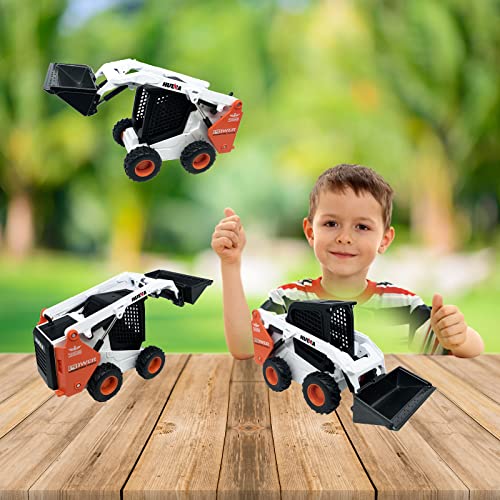 Gemini & Genius Construction Truck 3 in 1 Skid Steer Loader with Metal Forklift and Grab Shovel Construction Vehicle 1/50 Scale Alloy Wheeled Loader Toys for Kids (Wheel/White)