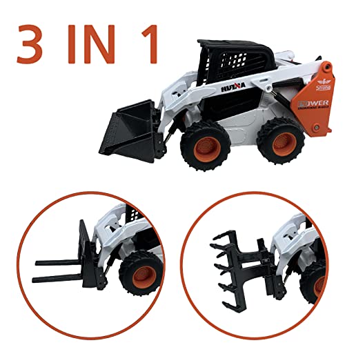 Gemini & Genius Construction Truck 3 in 1 Skid Steer Loader with Metal Forklift and Grab Shovel Construction Vehicle 1/50 Scale Alloy Wheeled Loader Toys for Kids (Wheel/White)