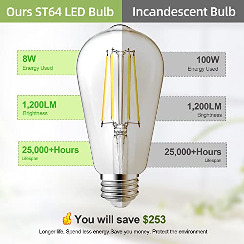 WIHTU Dimmable Vintage LED Edison Bulbs, 8W Equivalent 100W, ST64 Antique LED Filament Bulbs, LED Light Bulbs with 95+ CRI, Warm White 2700K, 1200lumens, E26 Medium Base, Clear Glass, Pack of 4