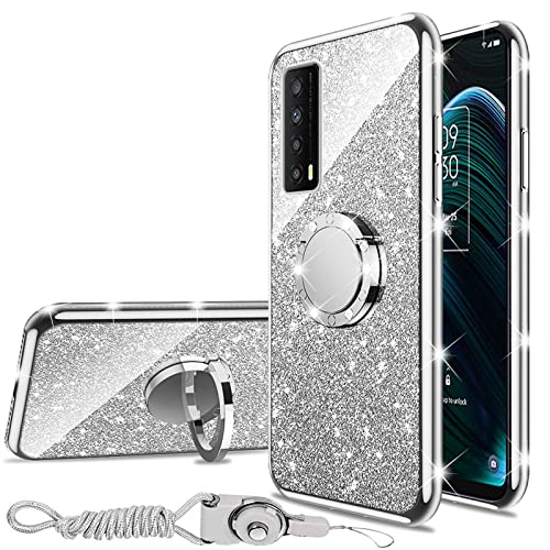 nancheng Case for TCL Stylus 5G (T779W), TCL Stylus 5G 2022 6.8" Case with Kickstand Lanyard Bumper Shockproof Full Body Protection Phone Case Cute Soft TPU Glitter Cover for Girls Women Men - Silver