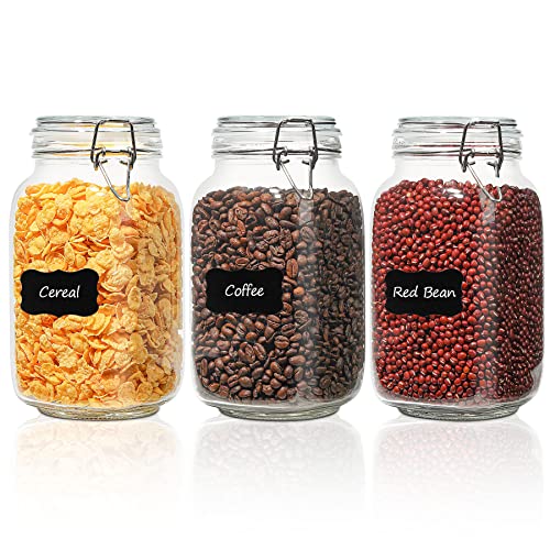 ComSaf Airtight Glass Canister Set of 3 with Lids 50oz Clear Food Storage Jars Square, Kitchen & Pantry Organization Food Storage Container for Canning, Sugar, Flour, Pasta, Candy, Cereal, Coffee