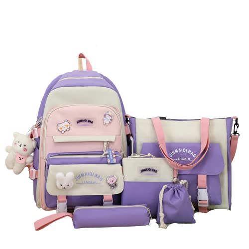 LaurelTree Kawaii Aesthetic Cute 5pcs School Bags Set with Accessories School Suppliers for Teens Girls Backpack Tote Bag (Purple)