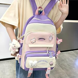 LaurelTree Kawaii Aesthetic Cute 5pcs School Bags Set with Accessories School Suppliers for Teens Girls Backpack Tote Bag (Purple)