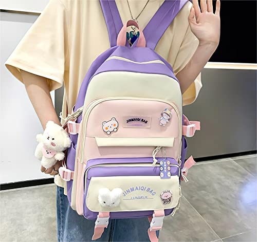 LaurelTree Kawaii Aesthetic Cute 5pcs School Bags Set with Accessories School Suppliers for Teens Girls Backpack Tote Bag (Purple)