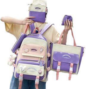 LaurelTree Kawaii Aesthetic Cute 5pcs School Bags Set with Accessories School Suppliers for Teens Girls Backpack Tote Bag (Purple)