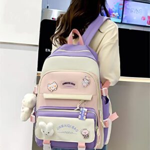 LaurelTree Kawaii Aesthetic Cute 5pcs School Bags Set with Accessories School Suppliers for Teens Girls Backpack Tote Bag (Purple)