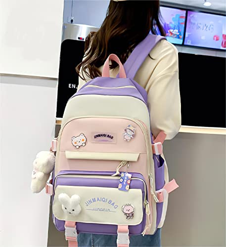 LaurelTree Kawaii Aesthetic Cute 5pcs School Bags Set with Accessories School Suppliers for Teens Girls Backpack Tote Bag (Purple)