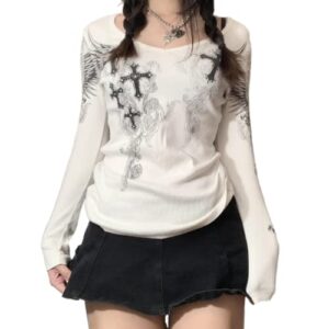 y2k fairy grunge long sleeve top graphic print crop top tee vintage rhinestone slim fit tee shirt(zcc-white,s)