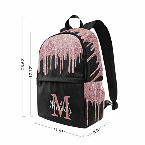 MyPupSocks Custom Rose Gold Sparkle Drips Black Backpack for Daughter Son, Personalized Initial Name Logo Bag Schoolbag Casual Daypack Travel Laptop Bag Backpack for Men Women Teens Travel Picnic