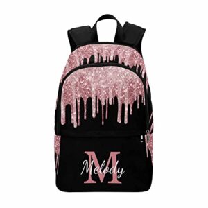 mypupsocks custom rose gold sparkle drips black backpack for daughter son, personalized initial name logo bag schoolbag casual daypack travel laptop bag backpack for men women teens travel picnic