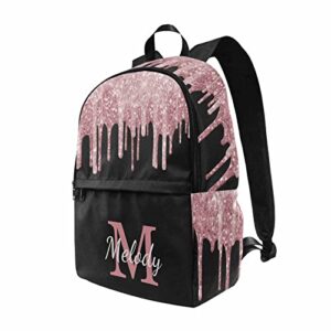 MyPupSocks Custom Rose Gold Sparkle Drips Black Backpack for Daughter Son, Personalized Initial Name Logo Bag Schoolbag Casual Daypack Travel Laptop Bag Backpack for Men Women Teens Travel Picnic