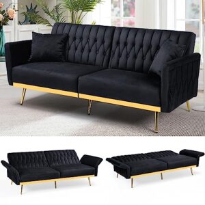 acmease 70” velvet futon sofa bed with 2 pillows and adjustable armrests, convertible sleeper bed, modern loveseat for living room, bedroom, black