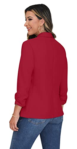 ONLYSTORY Womens Blazer Jackets for Women 3/4 Ruched Sleeve Work Casual Lightweight Blazer with Pockets Red-18