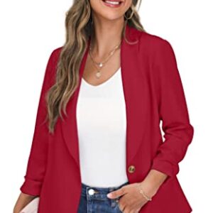 ONLYSTORY Womens Blazer Jackets for Women 3/4 Ruched Sleeve Work Casual Lightweight Blazer with Pockets Red-18