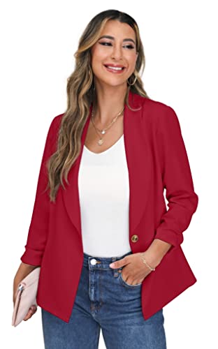 ONLYSTORY Womens Blazer Jackets for Women 3/4 Ruched Sleeve Work Casual Lightweight Blazer with Pockets Red-18