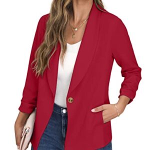 ONLYSTORY Womens Blazer Jackets for Women 3/4 Ruched Sleeve Work Casual Lightweight Blazer with Pockets Red-18