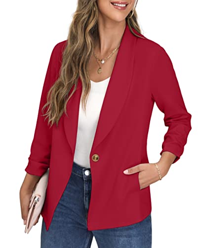 ONLYSTORY Womens Blazer Jackets for Women 3/4 Ruched Sleeve Work Casual Lightweight Blazer with Pockets Red-18