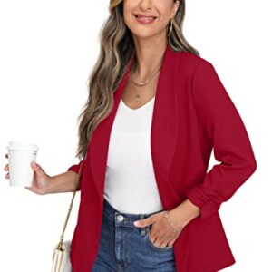 ONLYSTORY Womens Blazer Jackets for Women 3/4 Ruched Sleeve Work Casual Lightweight Blazer with Pockets Red-18