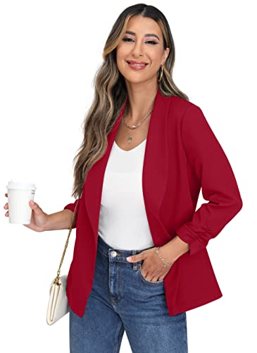 ONLYSTORY Womens Blazer Jackets for Women 3/4 Ruched Sleeve Work Casual Lightweight Blazer with Pockets Red-18