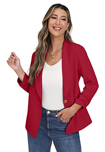 ONLYSTORY Womens Blazer Jackets for Women 3/4 Ruched Sleeve Work Casual Lightweight Blazer with Pockets Red-18