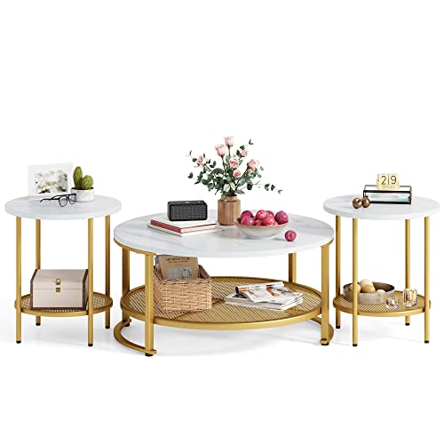 LINSY Home Round Coffee Table Set of 3 for Living Room, Modern Coffee Table with Open Storage, Wood Surface Top & Sturdy Metal Legs Large Circle Coffee Table, White and Gold