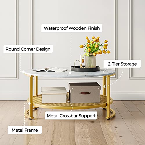 LINSY Home Round Coffee Table Set of 3 for Living Room, Modern Coffee Table with Open Storage, Wood Surface Top & Sturdy Metal Legs Large Circle Coffee Table, White and Gold