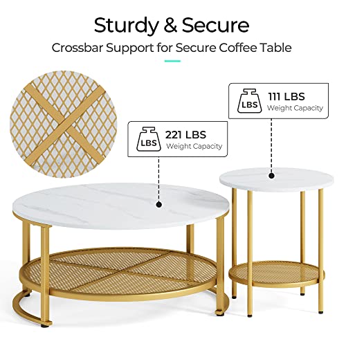 LINSY Home Round Coffee Table Set of 3 for Living Room, Modern Coffee Table with Open Storage, Wood Surface Top & Sturdy Metal Legs Large Circle Coffee Table, White and Gold