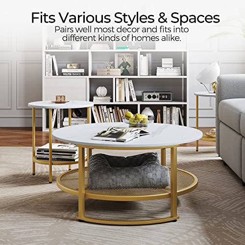 LINSY Home Round Coffee Table Set of 3 for Living Room, Modern Coffee Table with Open Storage, Wood Surface Top & Sturdy Metal Legs Large Circle Coffee Table, White and Gold