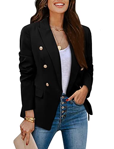 CRAZY GRID Womens Lapel Double Breasted Blazer Jackets Open Front Business Casual Suit Jacket Long Sleeve Dressy Blazer Ladies Work Office Blazer Black X-Large