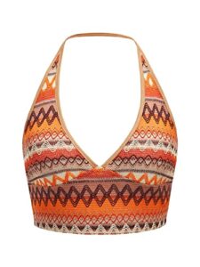 soly hux women's boho y2k halter top chevron print backless club top sexy cami crop top for women boho orange m