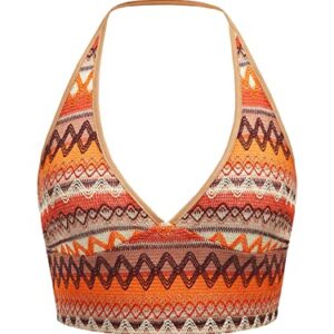 SOLY HUX Women's Boho Y2K Halter Top Chevron Print Backless Club Top Sexy Cami Crop Top for Women Boho Orange M