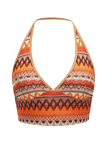 SOLY HUX Women's Boho Y2K Halter Top Chevron Print Backless Club Top Sexy Cami Crop Top for Women Boho Orange M