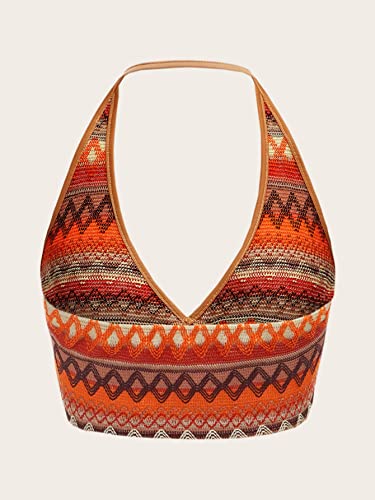 SOLY HUX Women's Boho Y2K Halter Top Chevron Print Backless Club Top Sexy Cami Crop Top for Women Boho Orange M