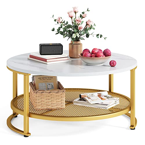 LINSY HOME Round Coffee Table for Living Room, Modern Coffee Table with Open Storage，Wood Surface Top & Sturdy Metal Legs Large Circle Coffee Table for Stylish Design Home，White and Gold