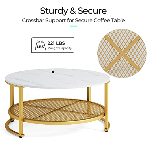 LINSY HOME Round Coffee Table for Living Room, Modern Coffee Table with Open Storage，Wood Surface Top & Sturdy Metal Legs Large Circle Coffee Table for Stylish Design Home，White and Gold