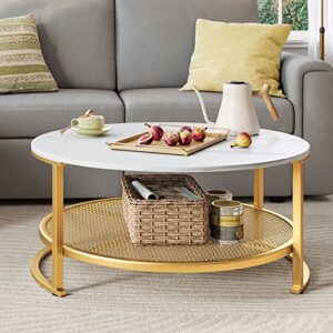 LINSY HOME Round Coffee Table for Living Room, Modern Coffee Table with Open Storage，Wood Surface Top & Sturdy Metal Legs Large Circle Coffee Table for Stylish Design Home，White and Gold