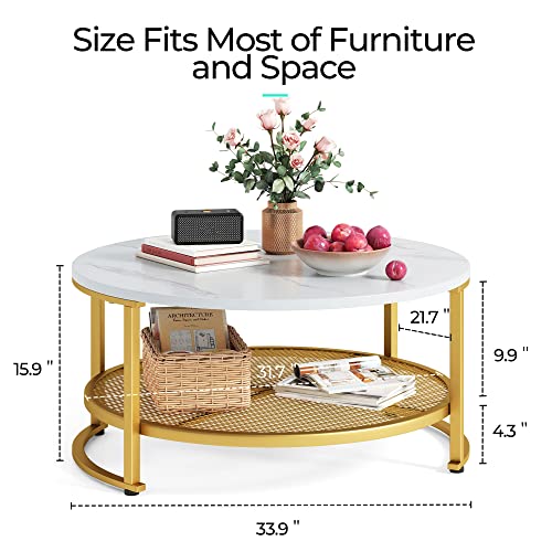 LINSY HOME Round Coffee Table for Living Room, Modern Coffee Table with Open Storage，Wood Surface Top & Sturdy Metal Legs Large Circle Coffee Table for Stylish Design Home，White and Gold