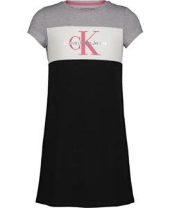 calvin klein girls' short sleeve t-shirt dress, pullover style with crew-neck neckline, logo detailing, black colorblock, 8-10