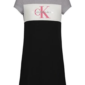 Calvin Klein Girls' Short Sleeve T-Shirt Dress, Pullover Style with Crew-Neck Neckline, Logo Detailing, Black Colorblock, 8-10