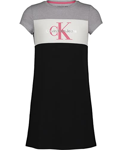 Calvin Klein Girls' Short Sleeve T-Shirt Dress, Pullover Style with Crew-Neck Neckline, Logo Detailing, Black Colorblock, 8-10