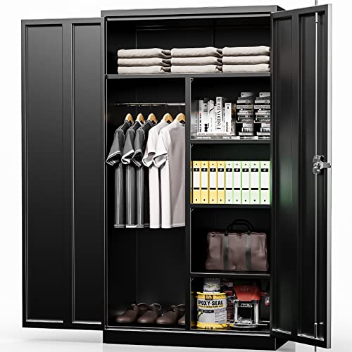 INTERGREAT Metal Storage Cabinet with Locking Doors, 72" Tall Storage Wardrobe with Lock and Hanging Rod, Steel Storage Locker Closet with 4 Adjustable Shelves for Home Office, Garage, Black