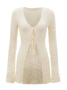 wdirara women's sheer mesh deep v neck tie front long sleeve see through top beige l