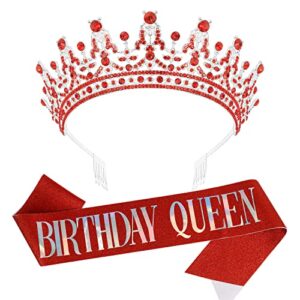 supoo birthday crown & sash glitter birthday sash red birthday queen crown with comb birthday tiara for women crystal headband princess decorations gift party favor happy birthday decorations