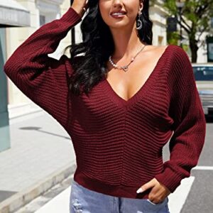 ZAFUL Women's V Neck Cropped Sweater Ribbed Knit Pullover Tops Sexy Drop Shoulder Jumpers C-red