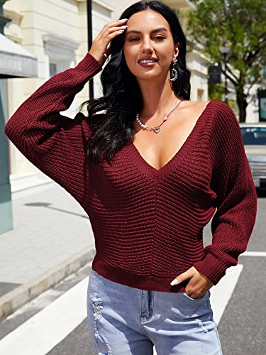 ZAFUL Women's V Neck Cropped Sweater Ribbed Knit Pullover Tops Sexy Drop Shoulder Jumpers C-red